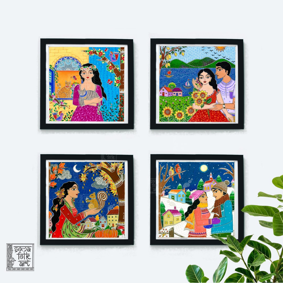 Print Madhubani Four Seasons Indian Desi Home Decor Wall Art Set of 4 ...