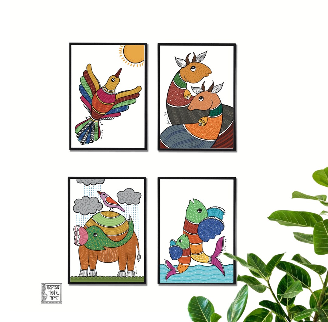 Print Gond Painting, Indian Bird, Goat, Elephant, Fish, Folk Art Wall ...