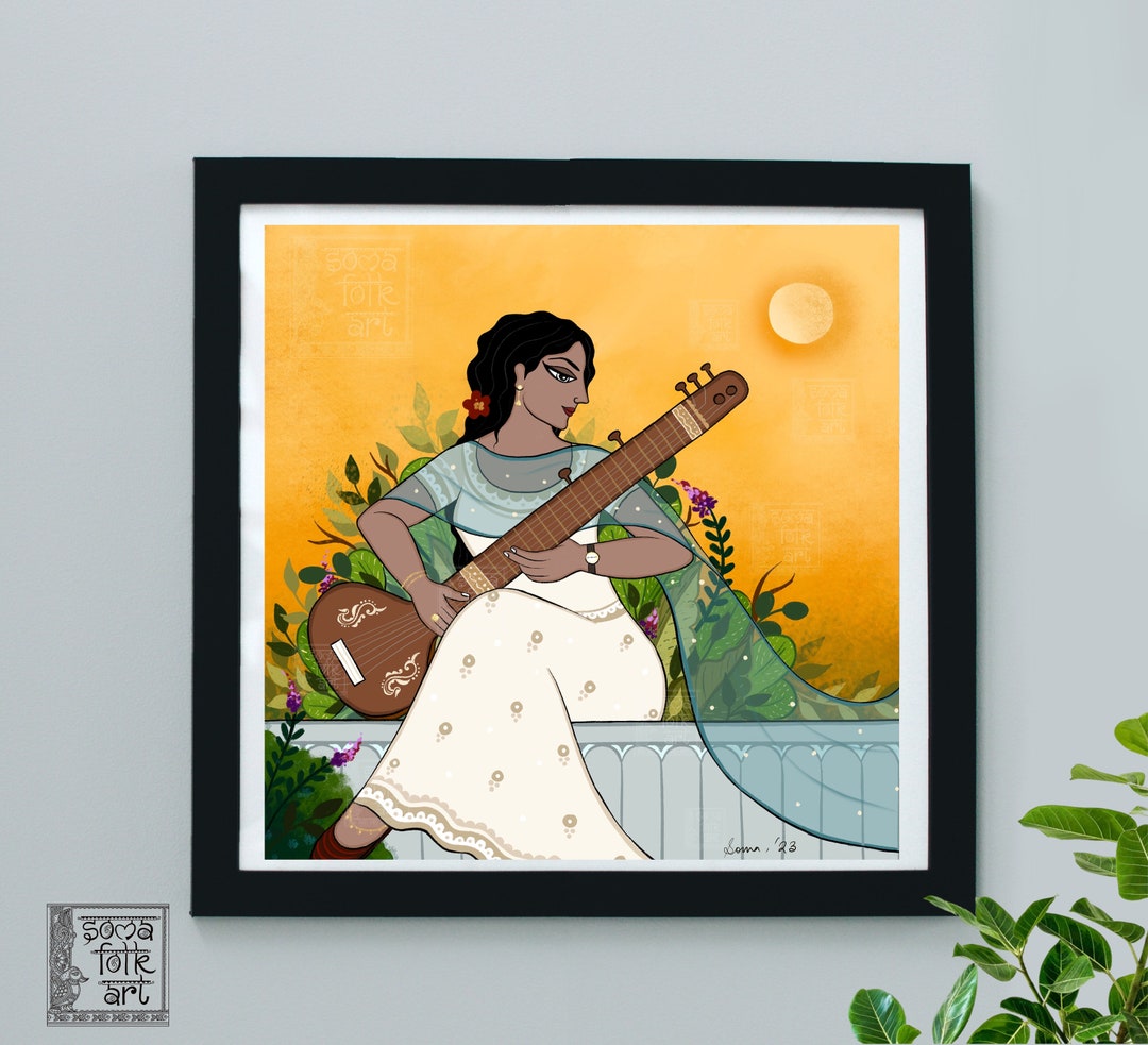 Print Indian Woman Playing Sitar Art, Desi Art, Indian Art, South ...