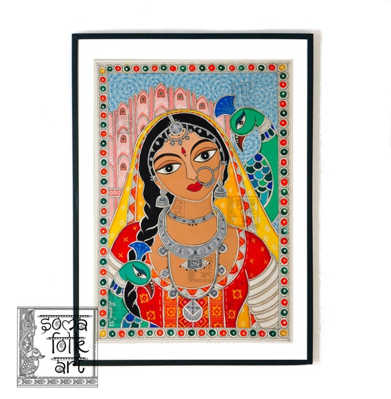Print Madhubani Rajasthani Woman With Peacock Painting Indian - Etsy India