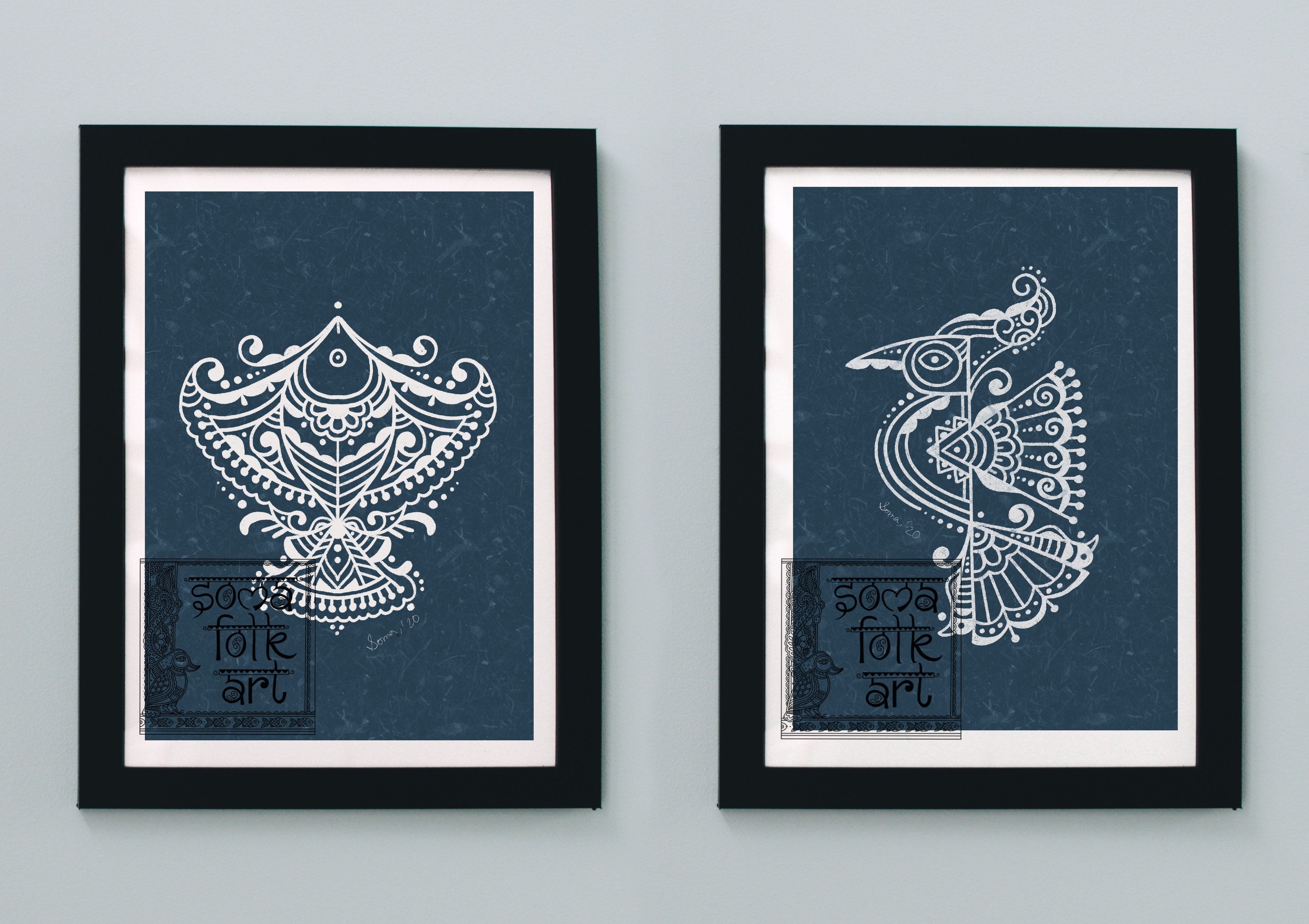 Alpana Art Prints, Bird and Fish, Bengali Folk Art, Set of 2 - Etsy