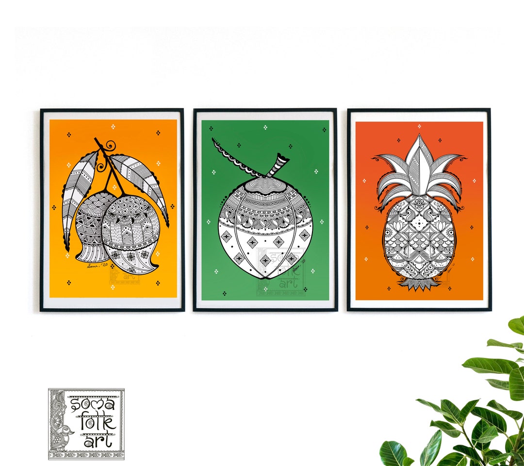 Print Tropical Fruits, Mango, Coconut, Pineapple, Madhubani Indian Folk ...