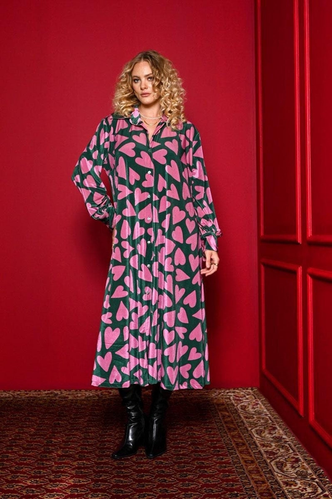 Mina Shirt Dress Green Pink Hearts Velvet Rip With Belt and Pockets ...