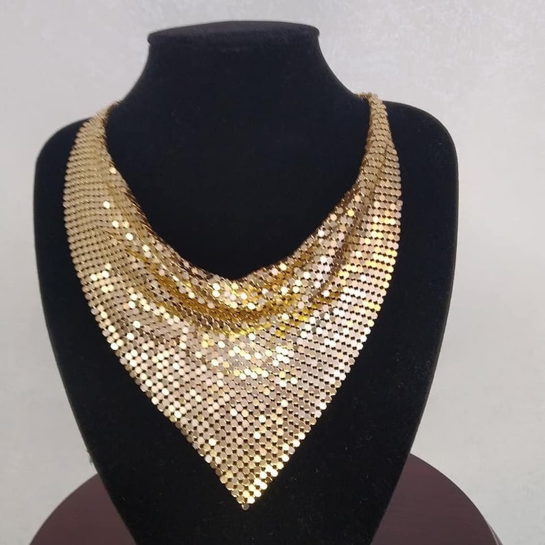 Disco Jewelry Metal Mesh Bib Necklace - 1970’s Chic Style Shining Metal ...