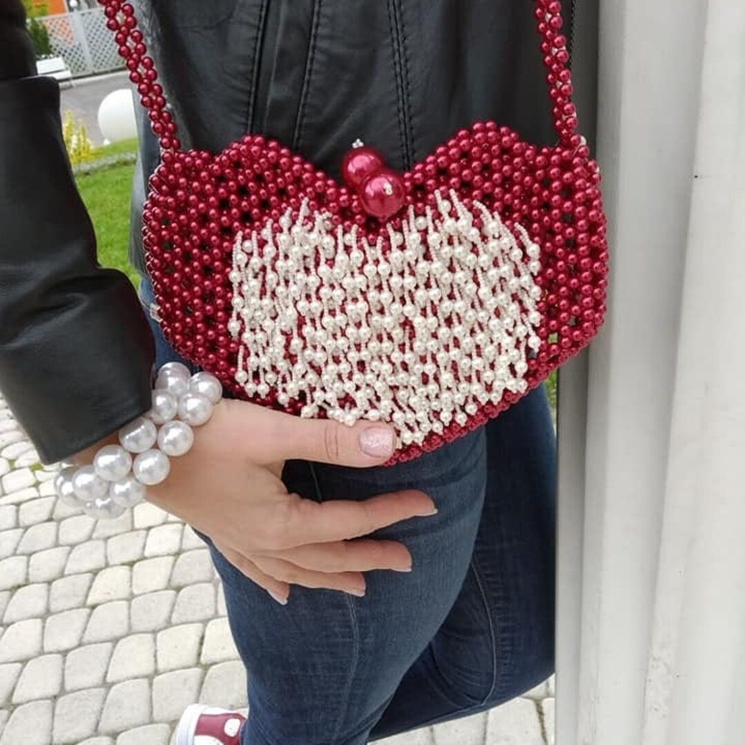 Pearl Beaded Heart-shaped Handbag - Red Fringe Purse for Women - Trendy ...