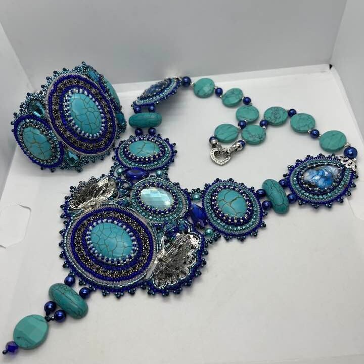 Handmade Gemstone Jewelry Set Bold Embroidered Necklace & Cuff Bracelet ...