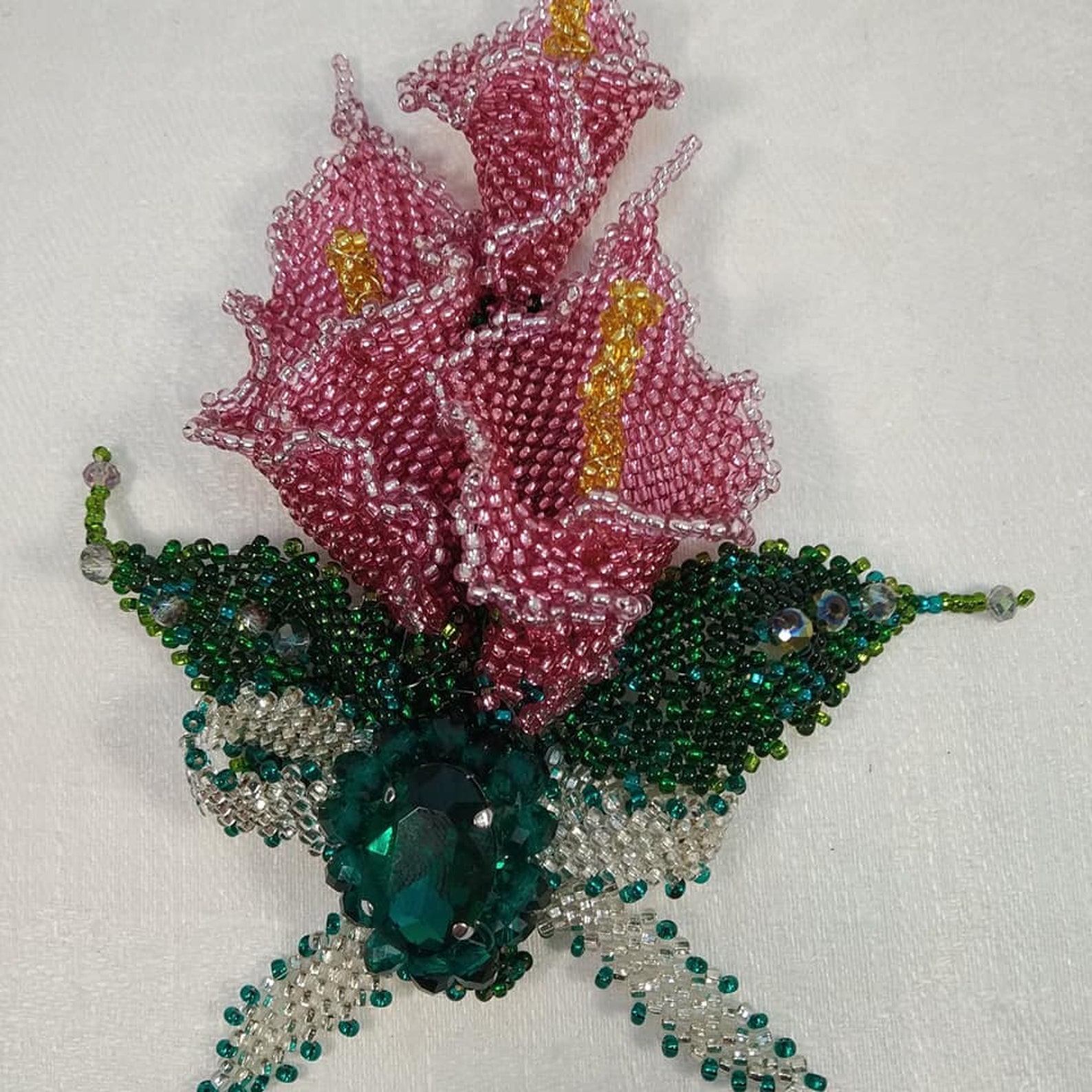 Floral Beaded Brooch. Calla Lily Brooch With Green Rhinestone Bow ...
