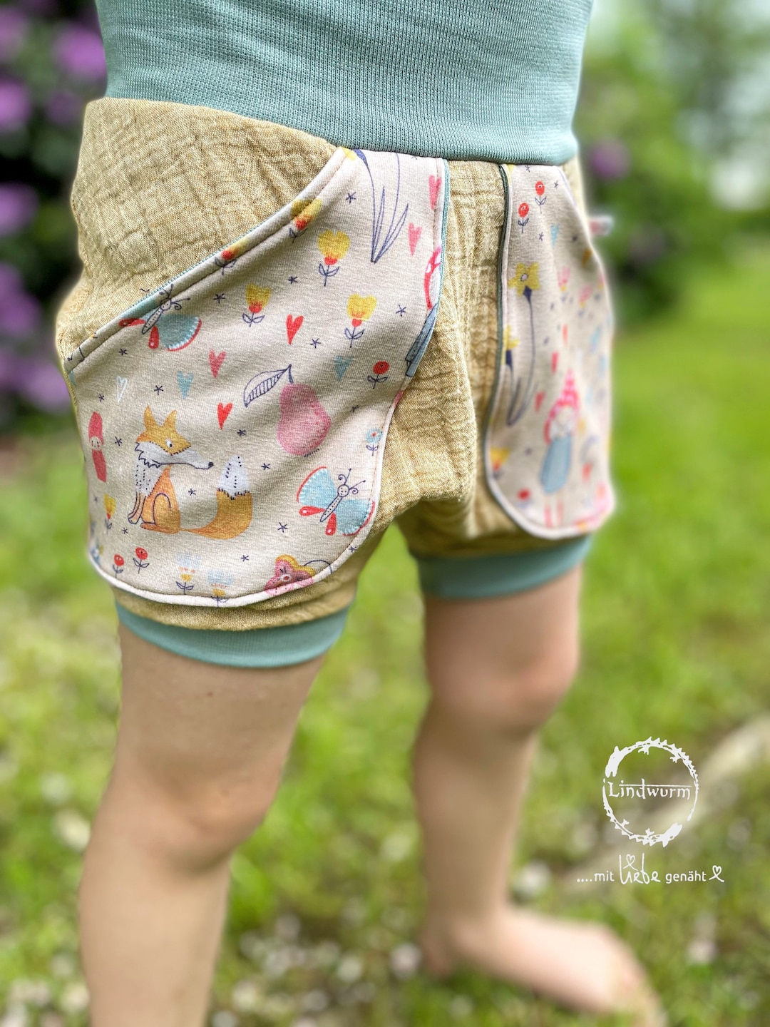 Kurze Musselin Hose Sommerhose Sand meliert/Mint mit Fuchs Wichtel ...