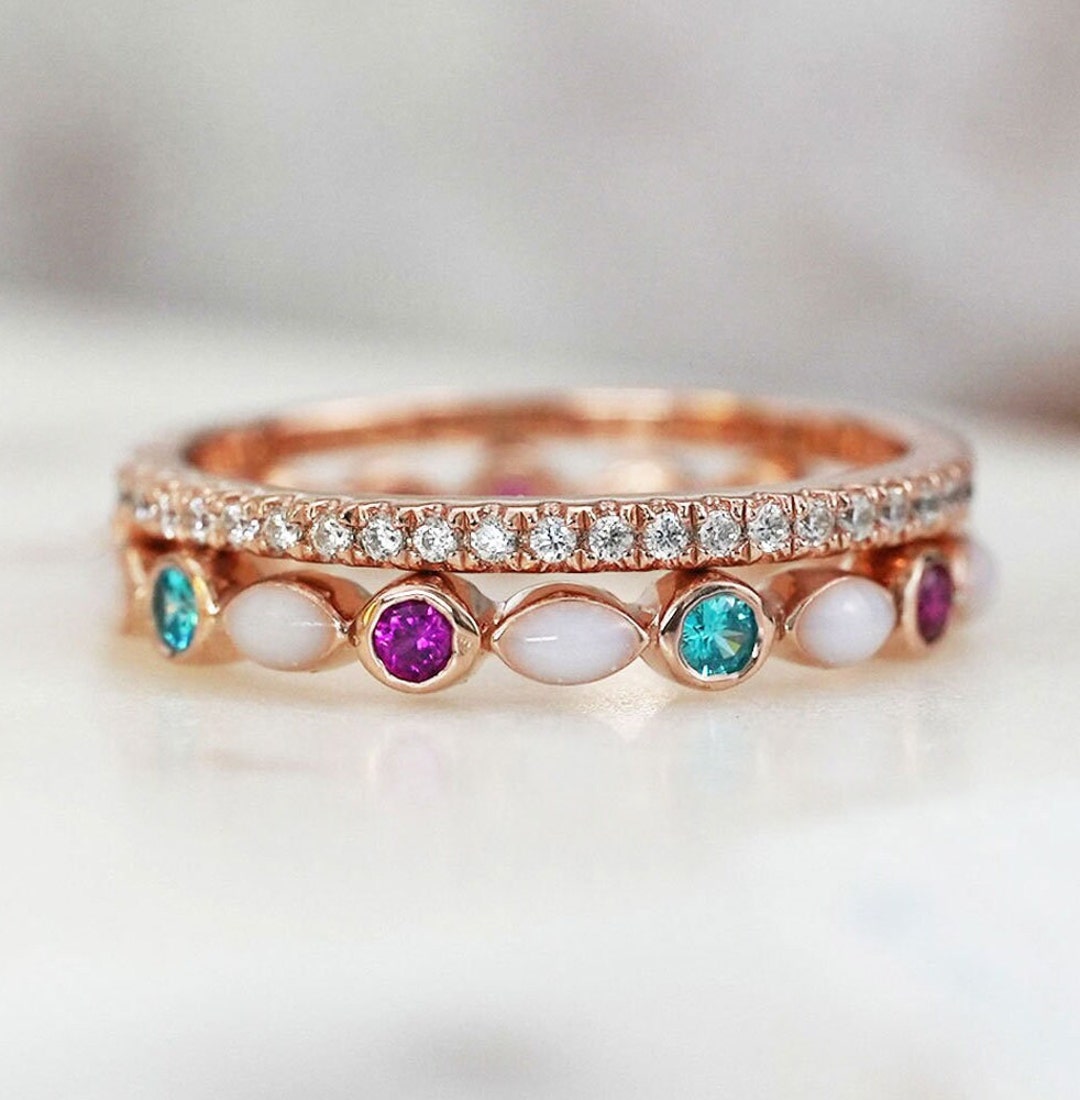 Set of Two Breastmilk Rings, Fine, Stackers With Birth Month Color Gems and Crystals, Sterling ...