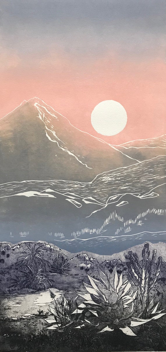 Sunset etching flax-etched drawing illustration. | Etsy