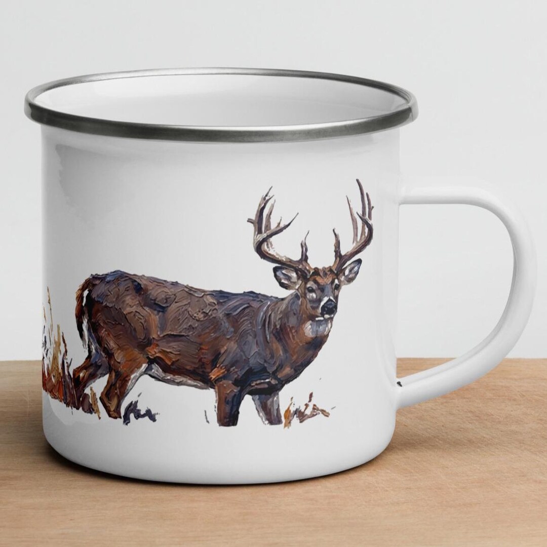 Whitetail Buck & Doe Enamel Mug – Deer Camp Coffee Mug With Painterly ...