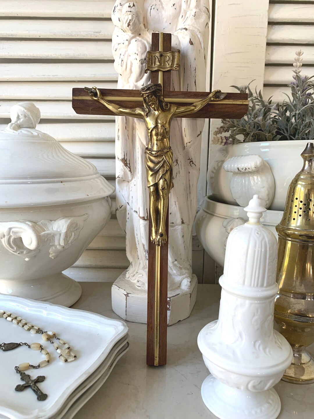 FRANCE Brown Wooden Crucifix, Plaster Jesus, Altar Cross, Church Cross ...