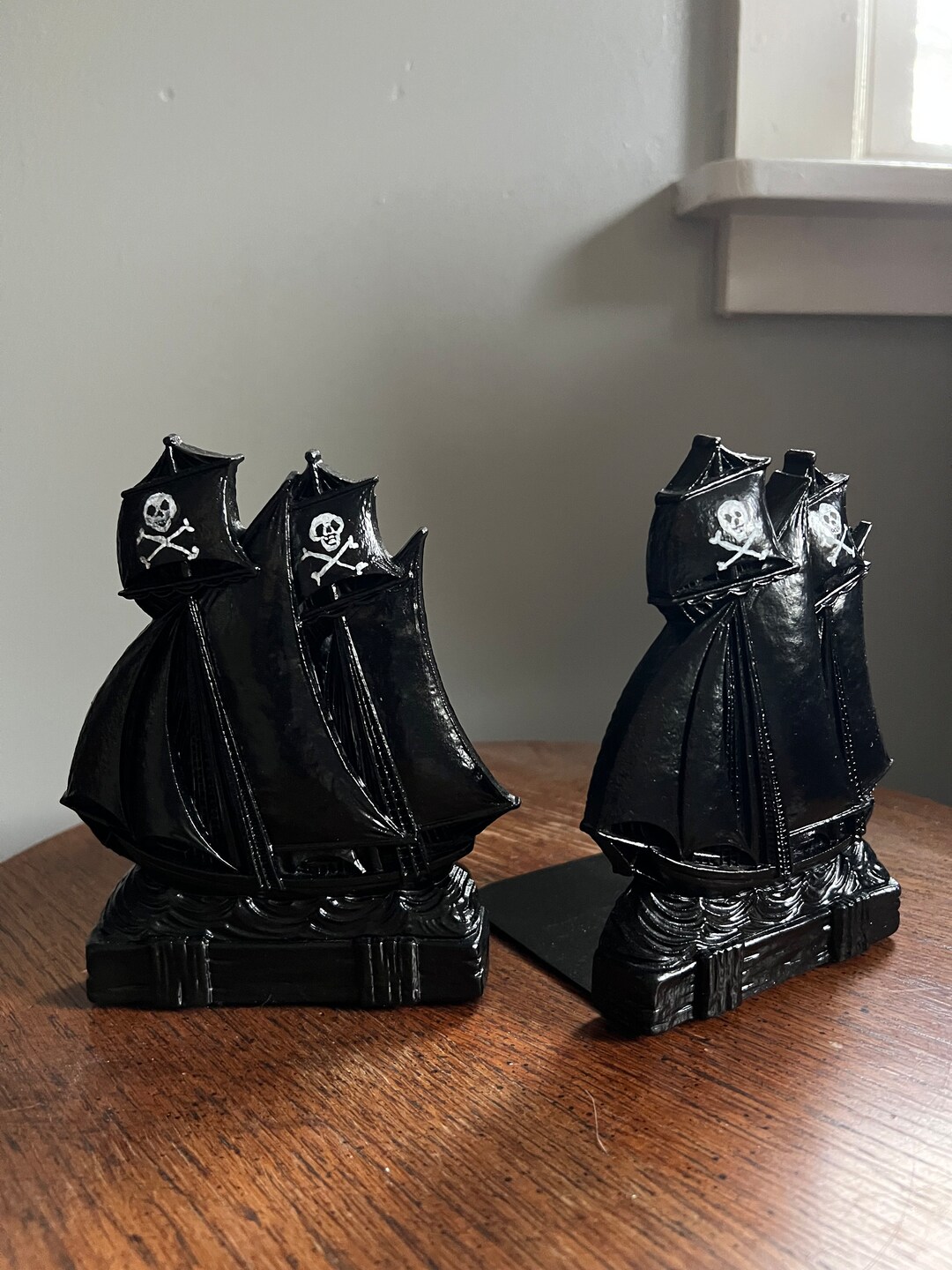 Vintage Upcycled Book Ends, Pirate Ship Bookends, Black Nautical Decor ...