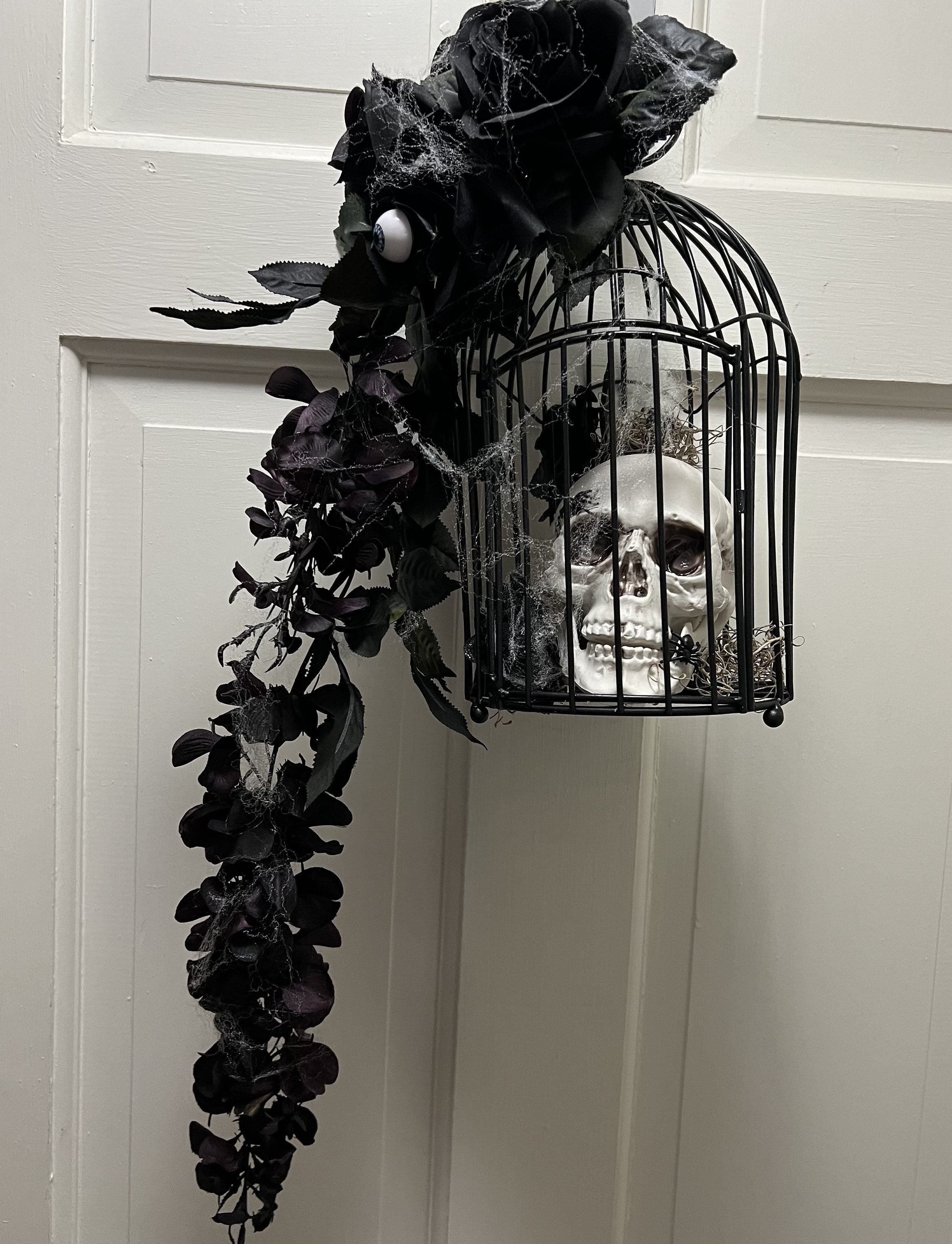 Caged Skull, Painted Black Metal Cage, Black Roses, Purple Dangling ...