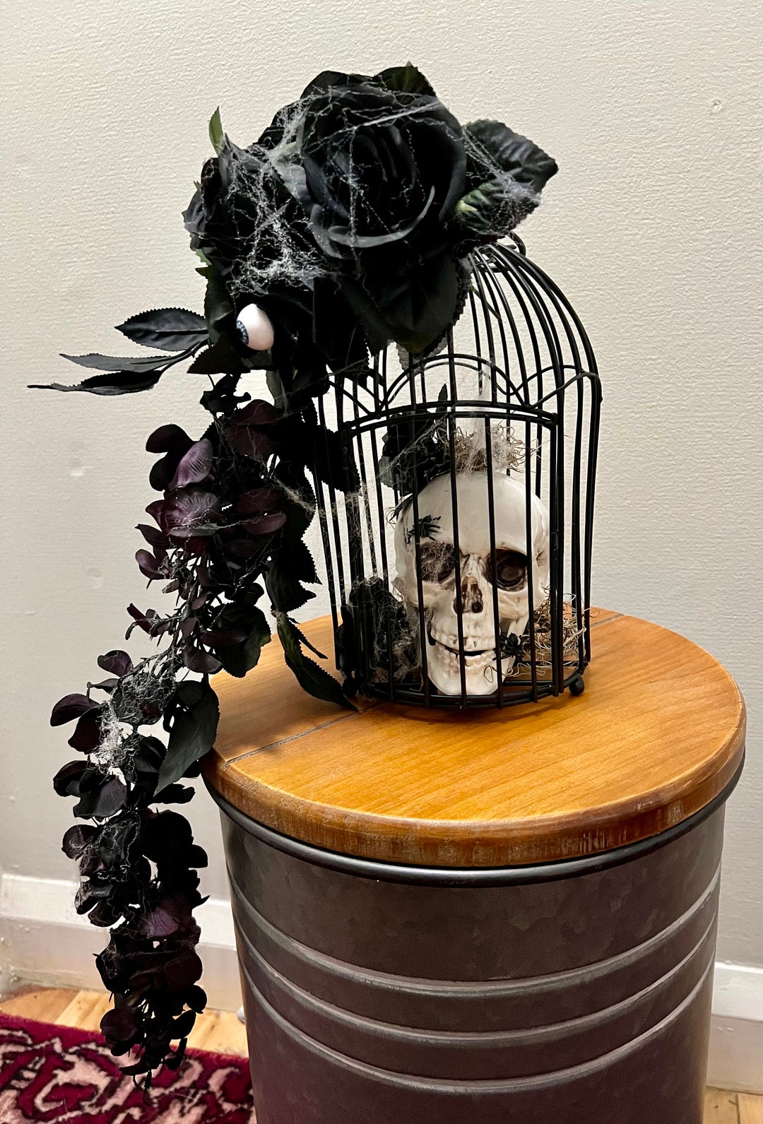 Caged Skull, Painted Black Metal Cage, Black Roses, Purple Dangling ...
