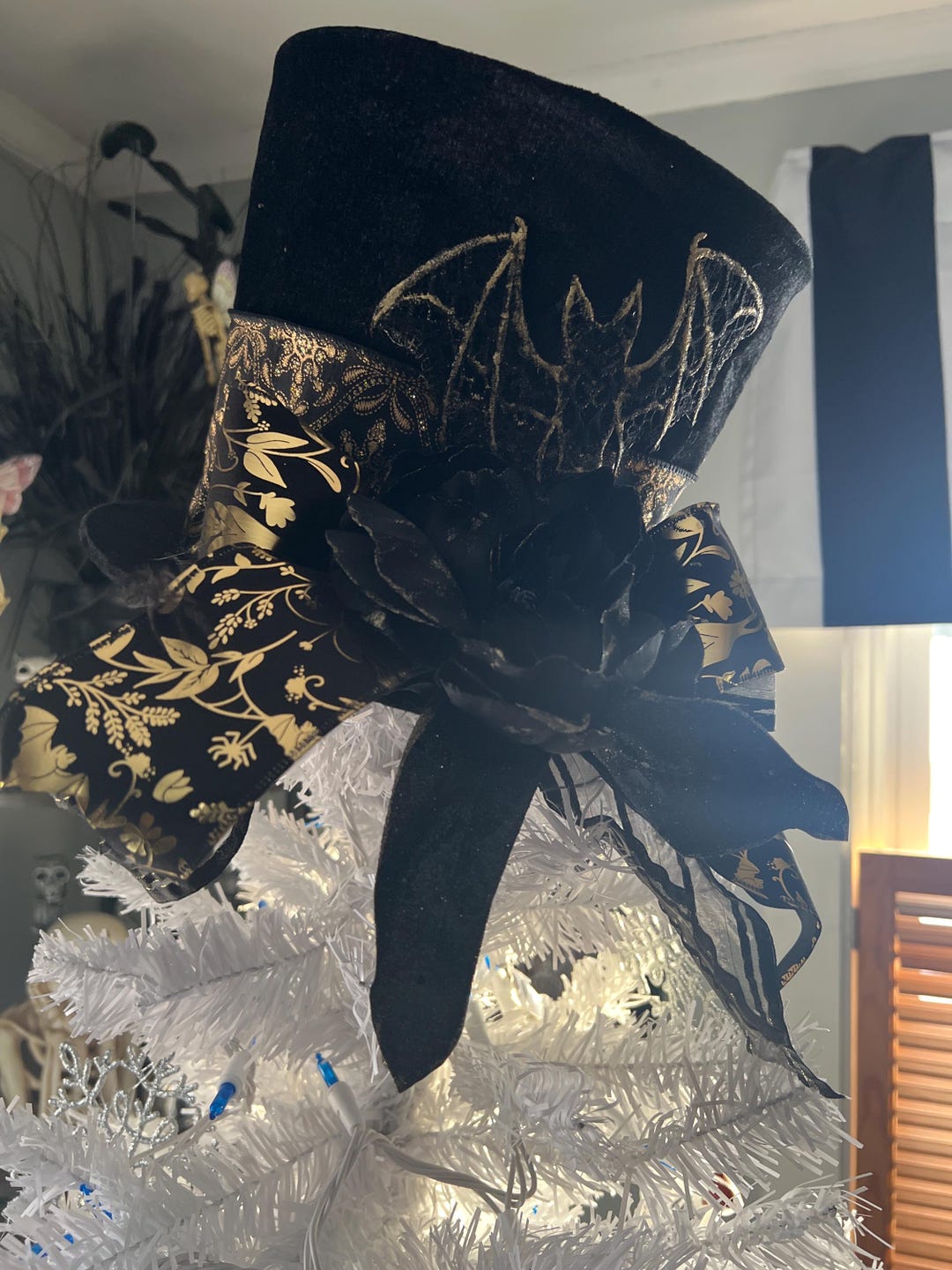 Black Plush Tophat Tree Topper, Gothic Tree Topper, Lacey Bat, Gold ...