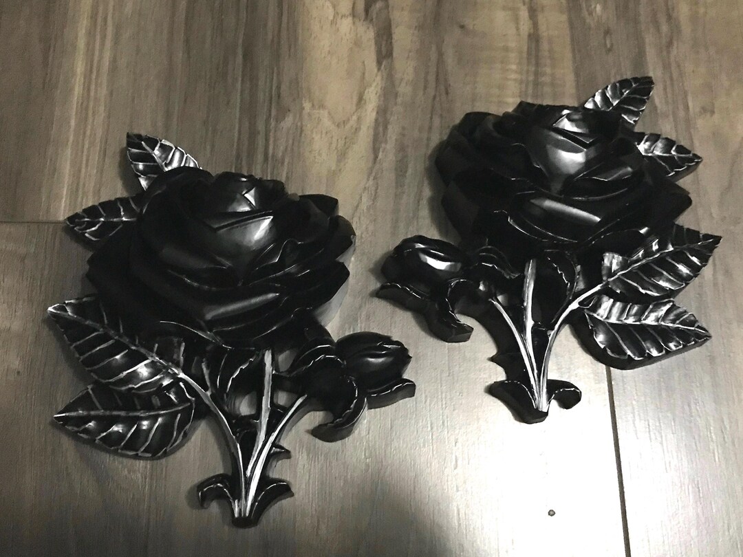 Pair Rose Plaques, Victorian Goth Decor, Vintage Wall Plaque, Black ...