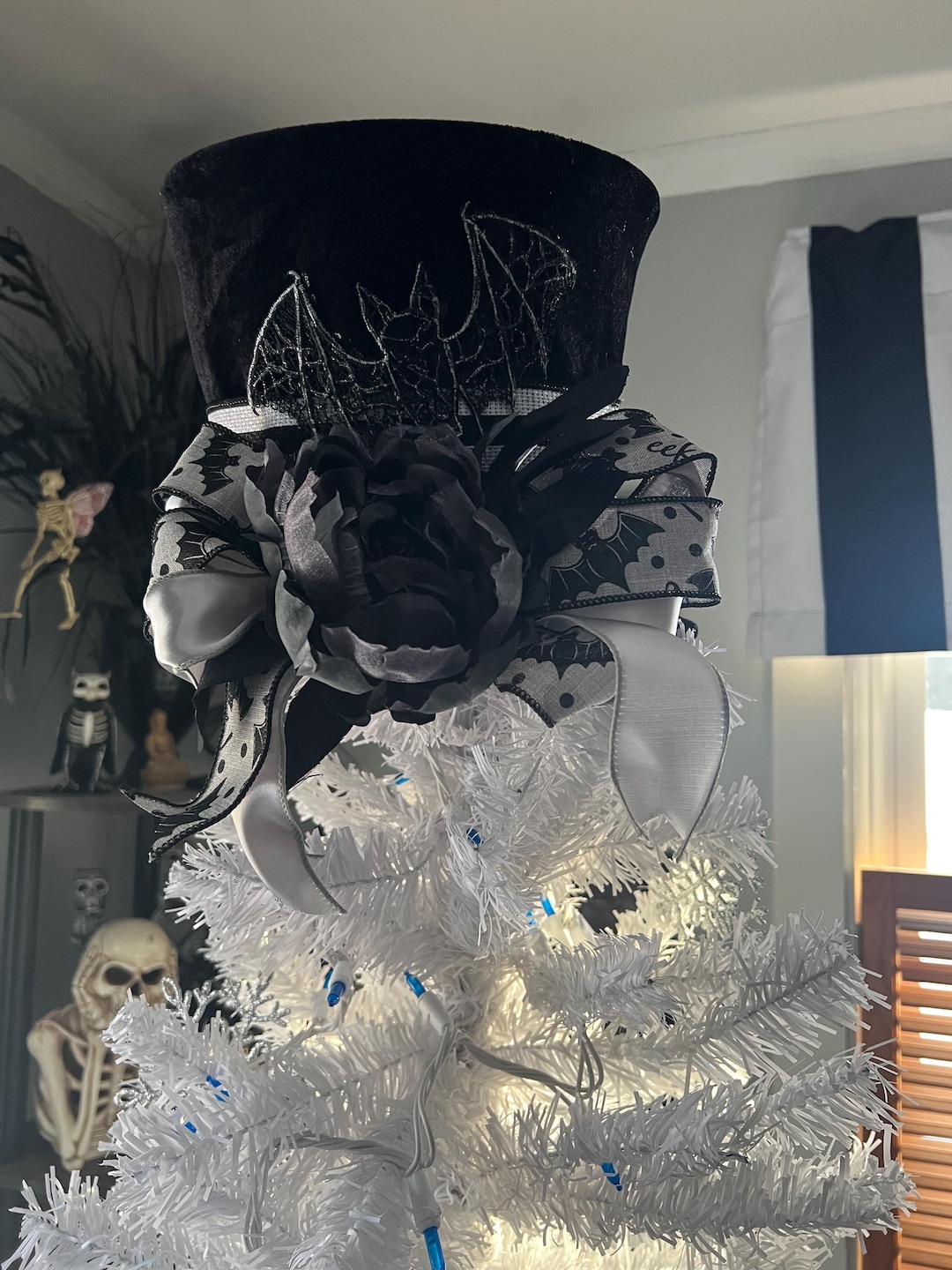 Black Plush Tophat Tree Topper, Gothic Tree Topper, Lacey Bat, Silver ...