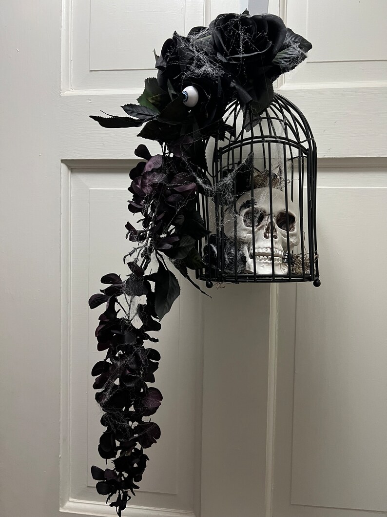 Caged Skull, Painted Black Metal Cage, Black Roses, Purple Dangling ...