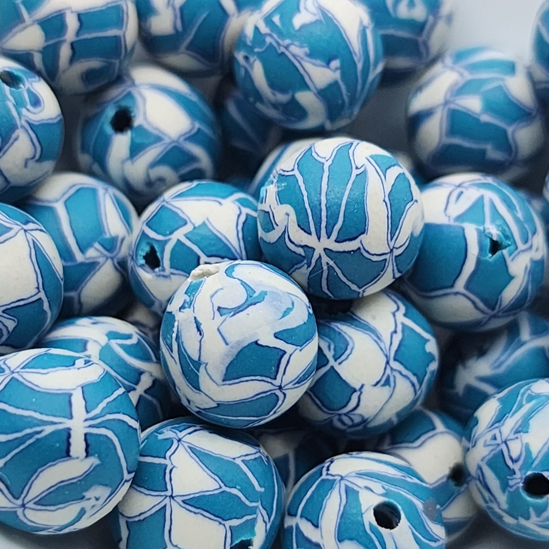 8mm Round Fimo Beads 10 Turquoise W. White Patterns - Etsy