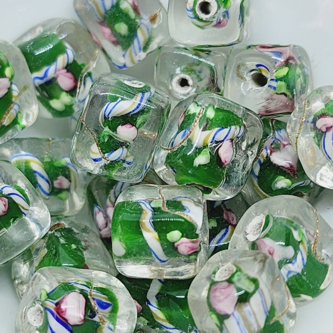 Candy Cane Cube Bead 10 Green Vintage Handmade Glass - Etsy