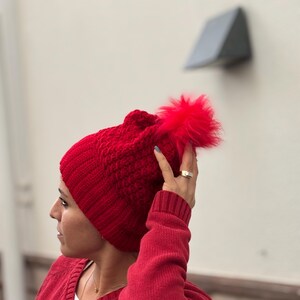 Crochet Chunky Knit Red Hat, Red Women Beret, Christmas Handknit Hat, Winter Wool Pompom Beret ...