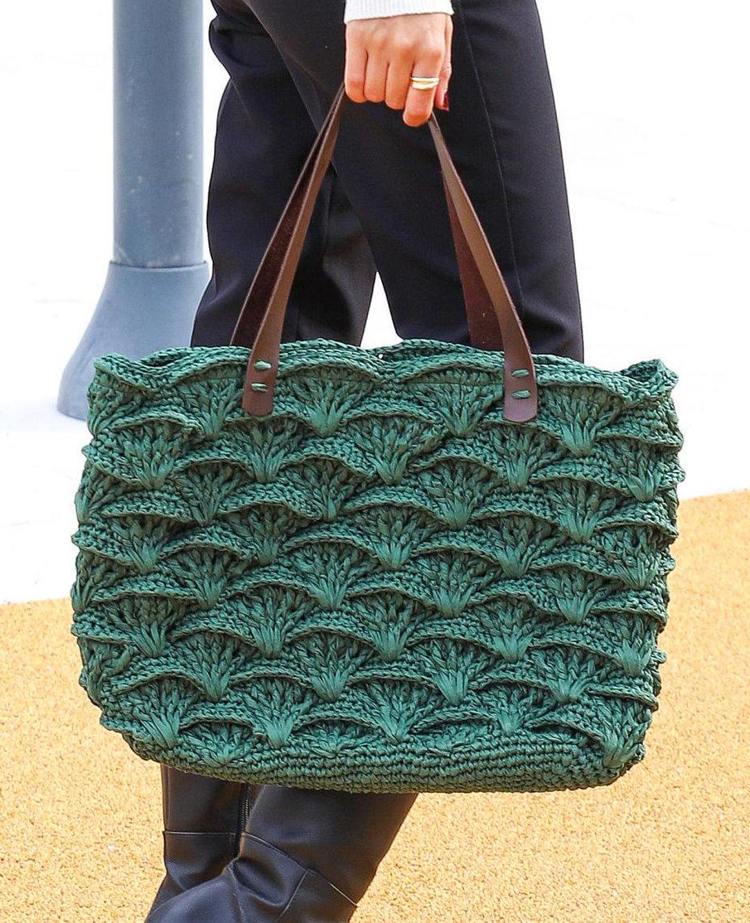Duck Head Green Raffia Leather Handle Detailed Shoulder and Handbag - Etsy