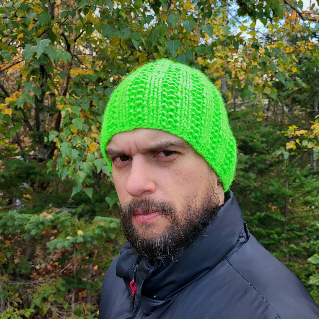 Hand Knit Wool Blend Beanie - Neon Green Winter Hat Unlined - Etsy