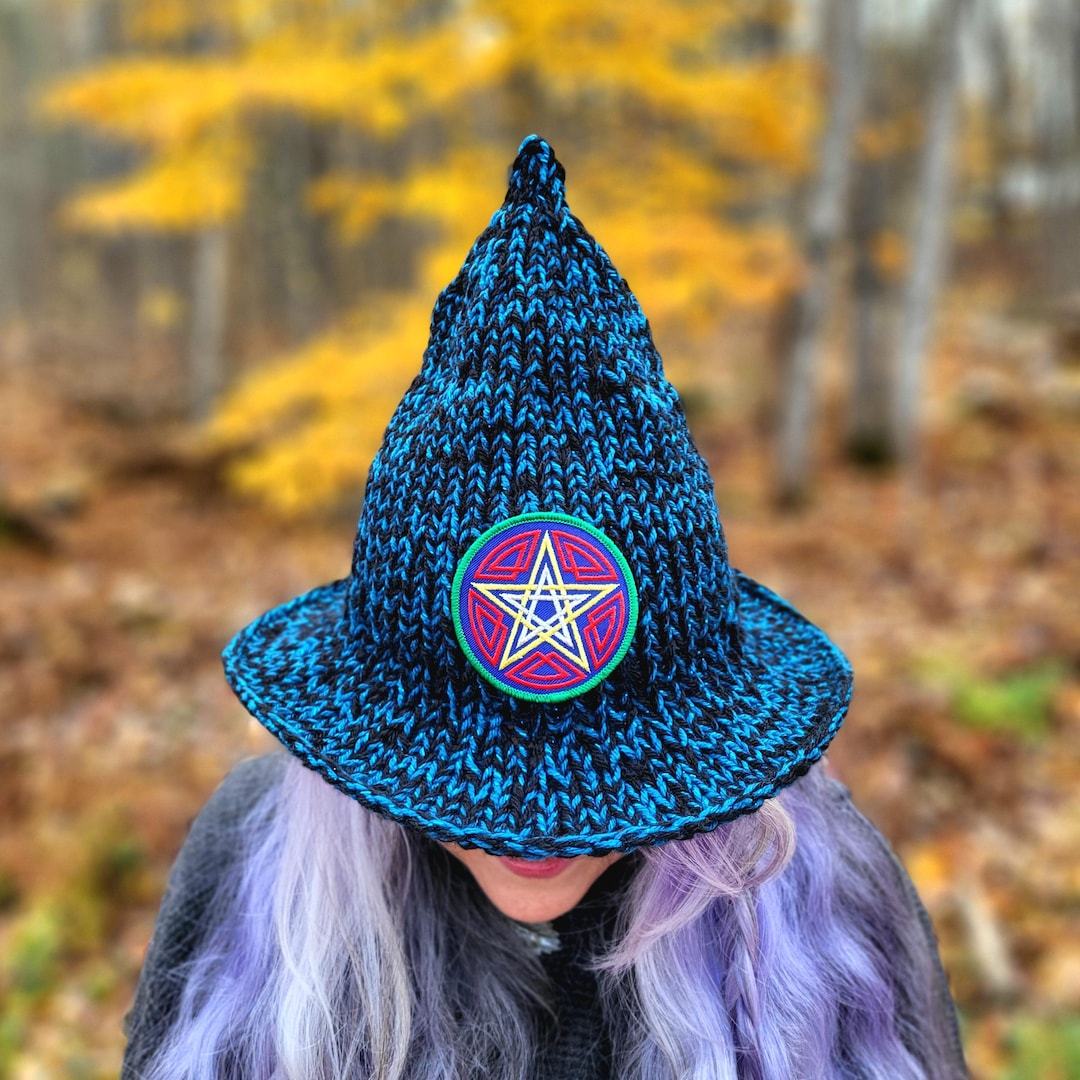 Hand Knit Witch Hat With Pentacle Patch - Blue & Black Knitwear ...