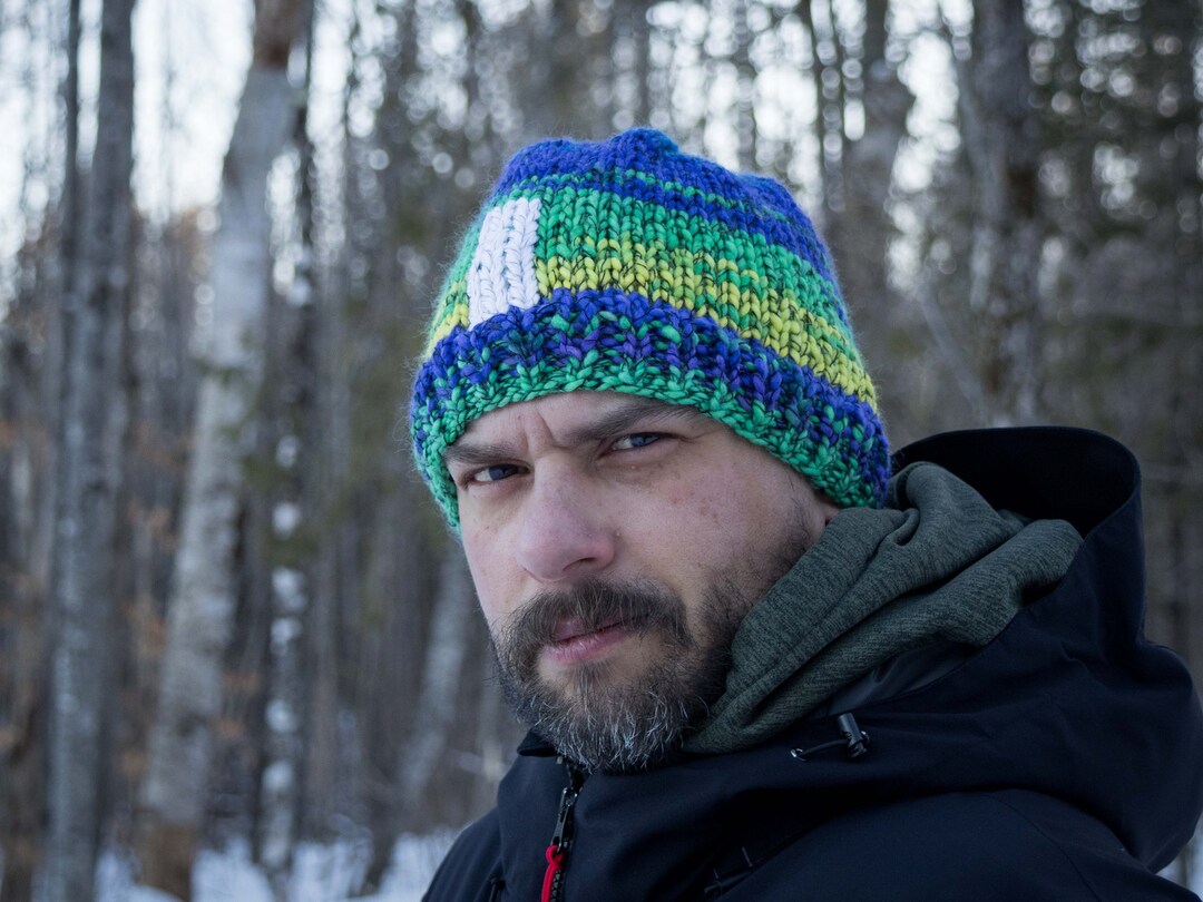 Hand Knit Wool Blend Hat: Marble Stripe With Reflective Blaze - Unlined ...