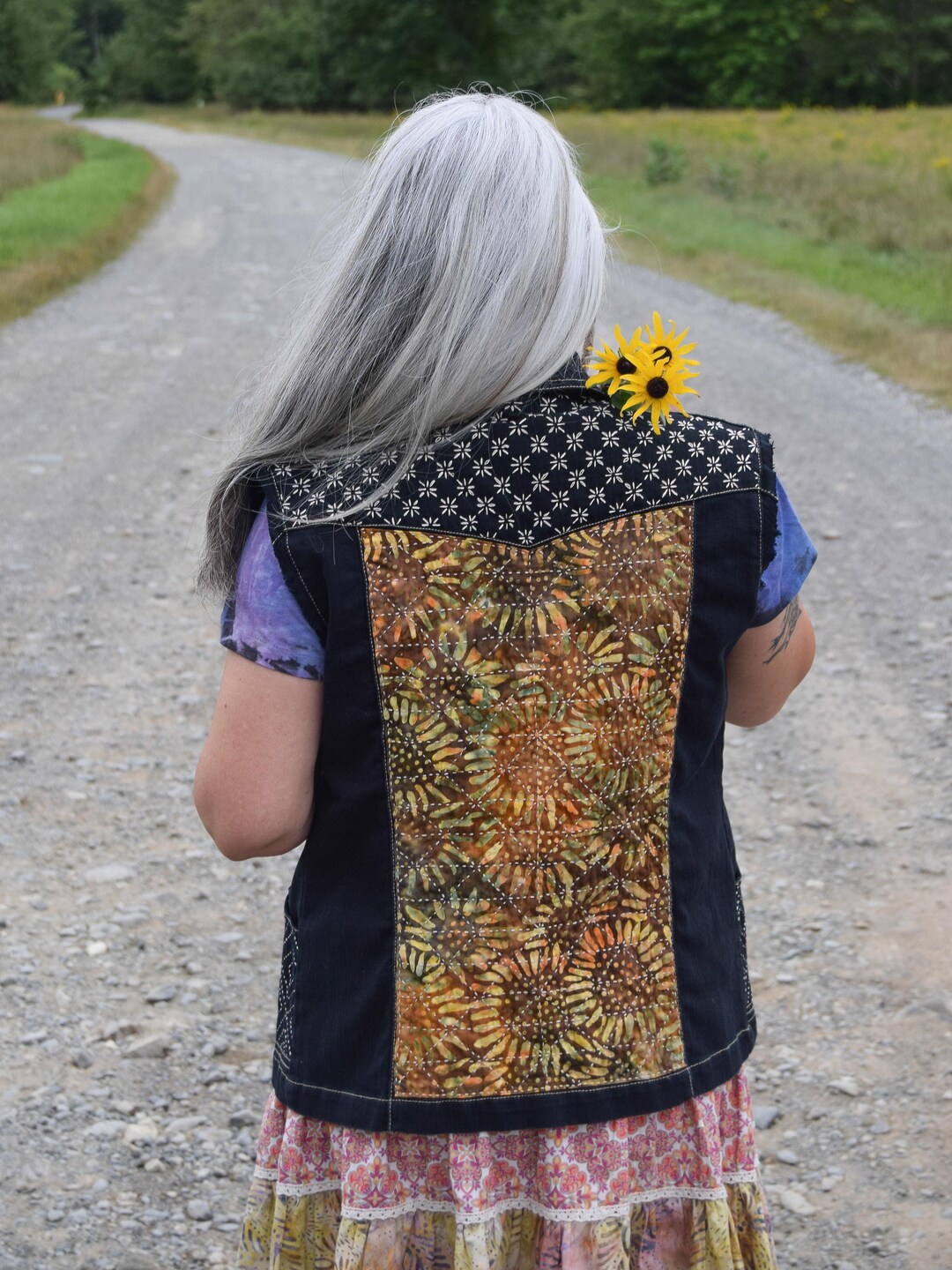 Sunflower Denim Vest - Upcycled Denim Vest - Sashiko Denim Vest - Hand ...