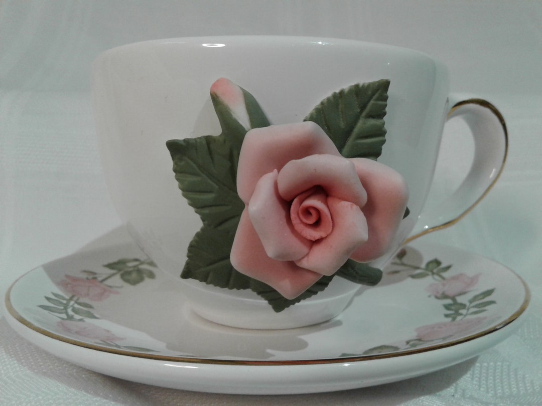 Vintageteleflora Rose Cup, Porcelain Rose Cup & Saucer, 3D Raised Rose ...