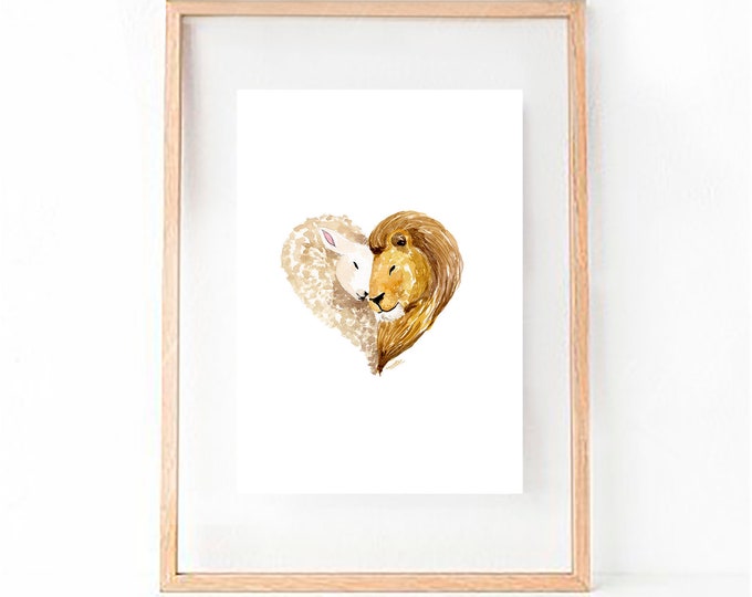 Lion and the Lamb Watercolour Print for Cute Nursery, Baby Gift ...
