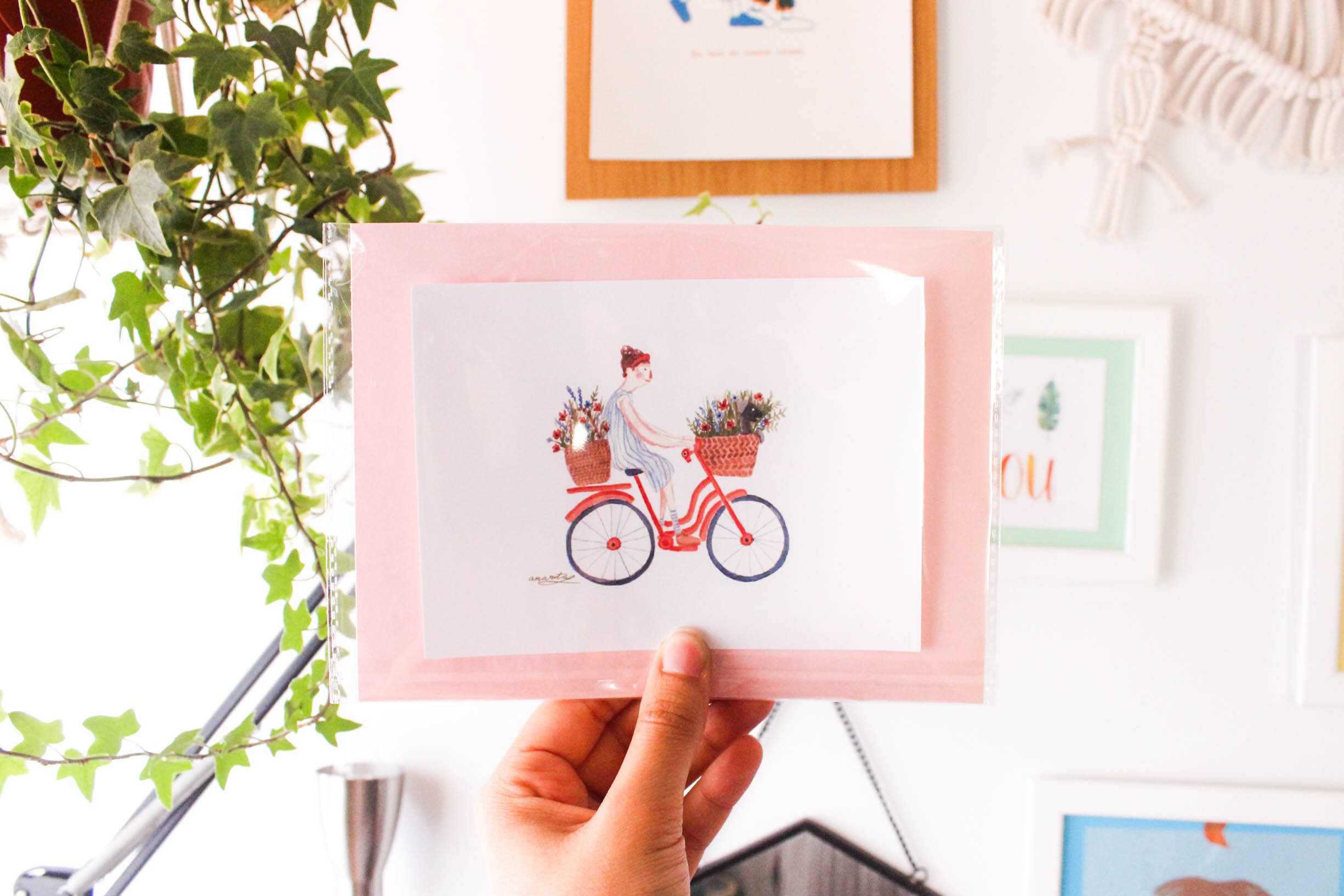 Cute Bike Flowers Girl and Dog Postcard | Original Painintg Print ...