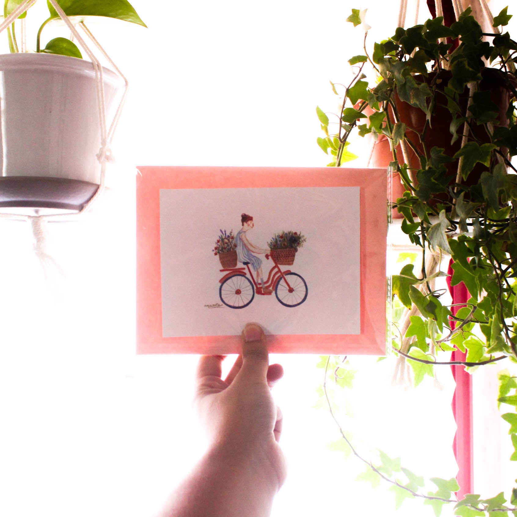 Cute Bike Flowers Girl and Dog Postcard | Original Painintg Print ...