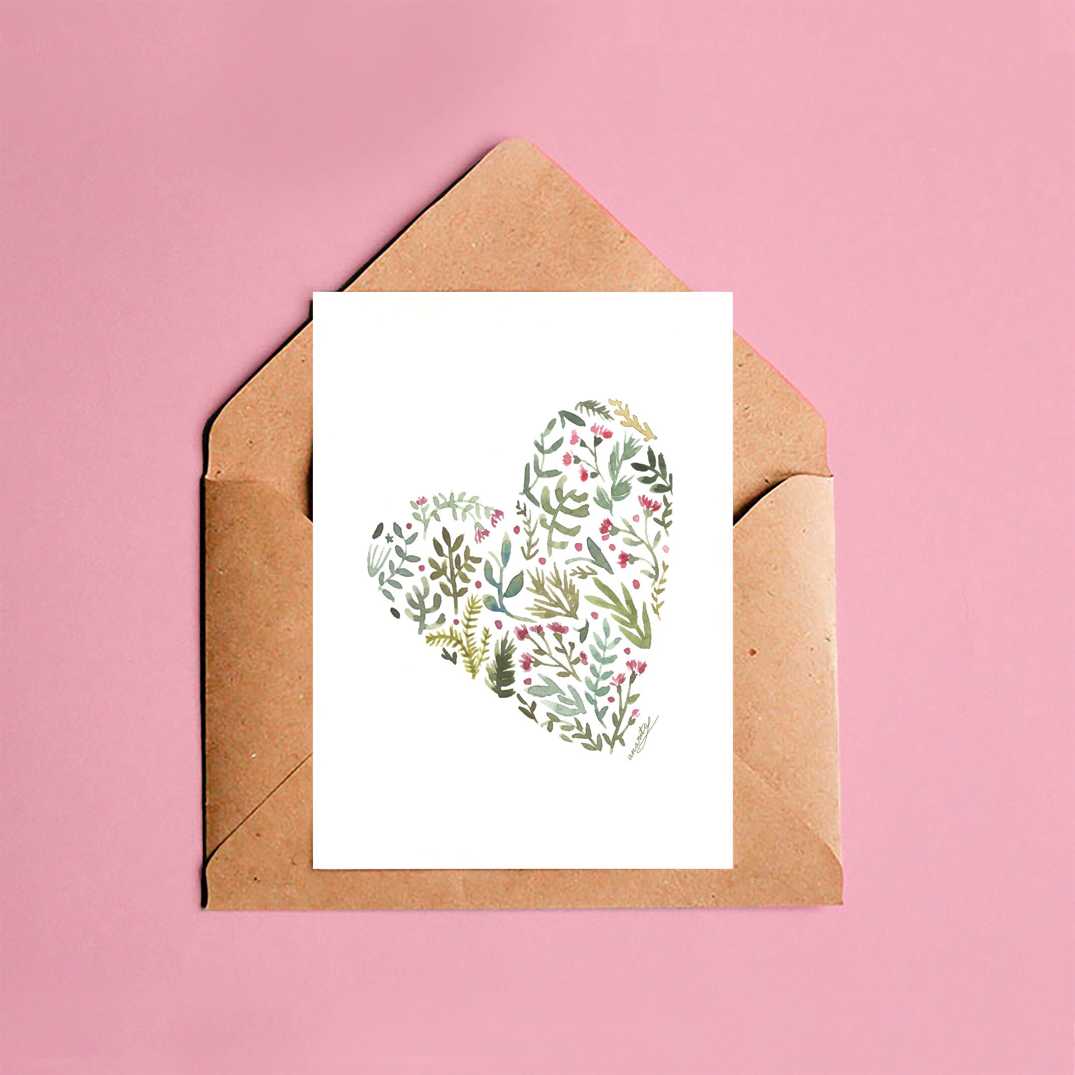 Heart Watercolor Postcard Original Painintg Print Floral Pattern - Etsy