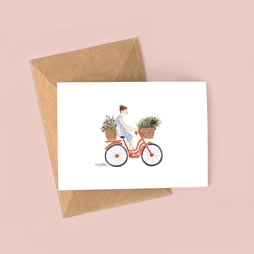 Cute Bike Flowers Girl and Dog Postcard | Original Painintg Print ...