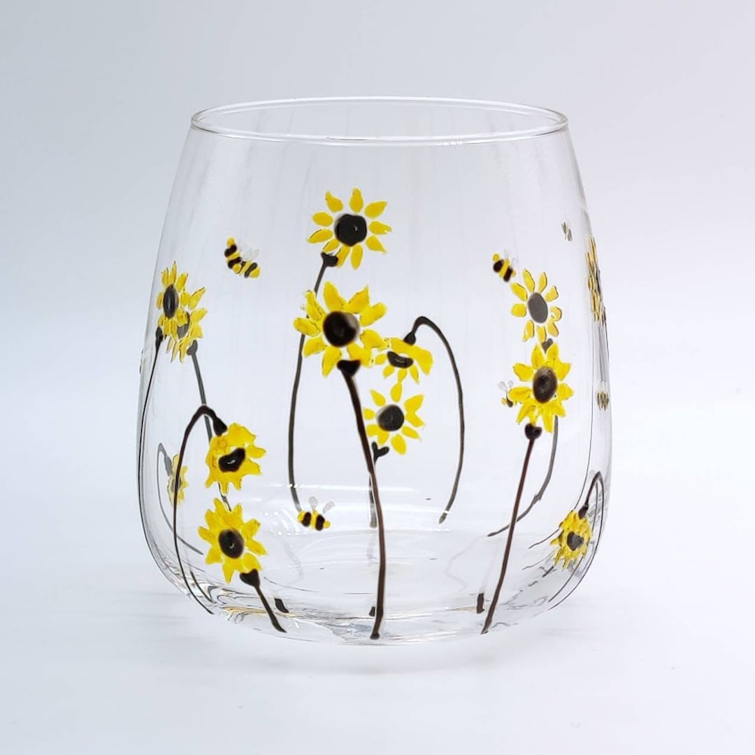 Hand-painted 'sunflower and Bee' Design Stemless Wine Glass - Etsy UK