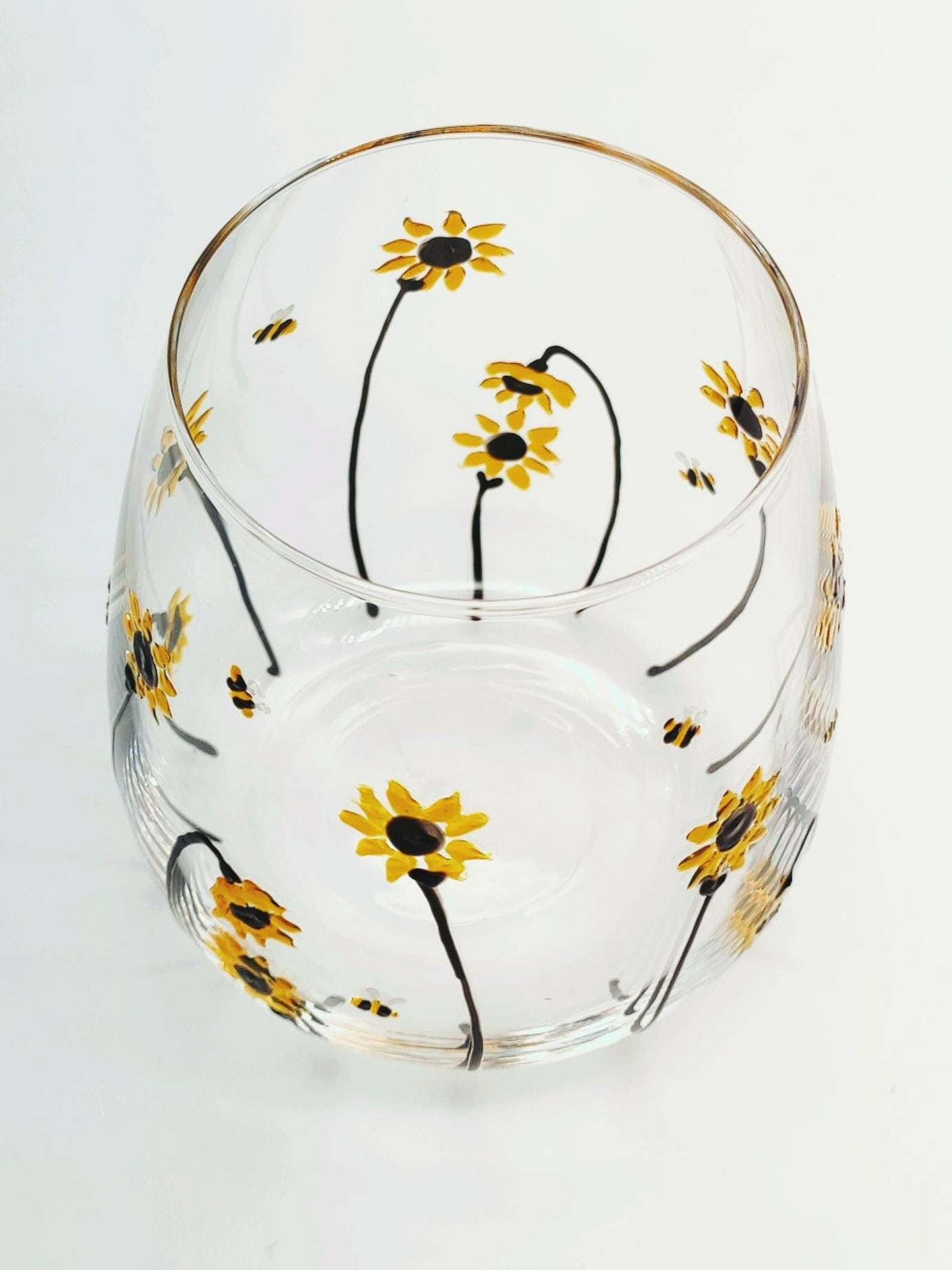Hand-painted 'sunflower and Bee' Design Stemless Wine Glass - Etsy UK