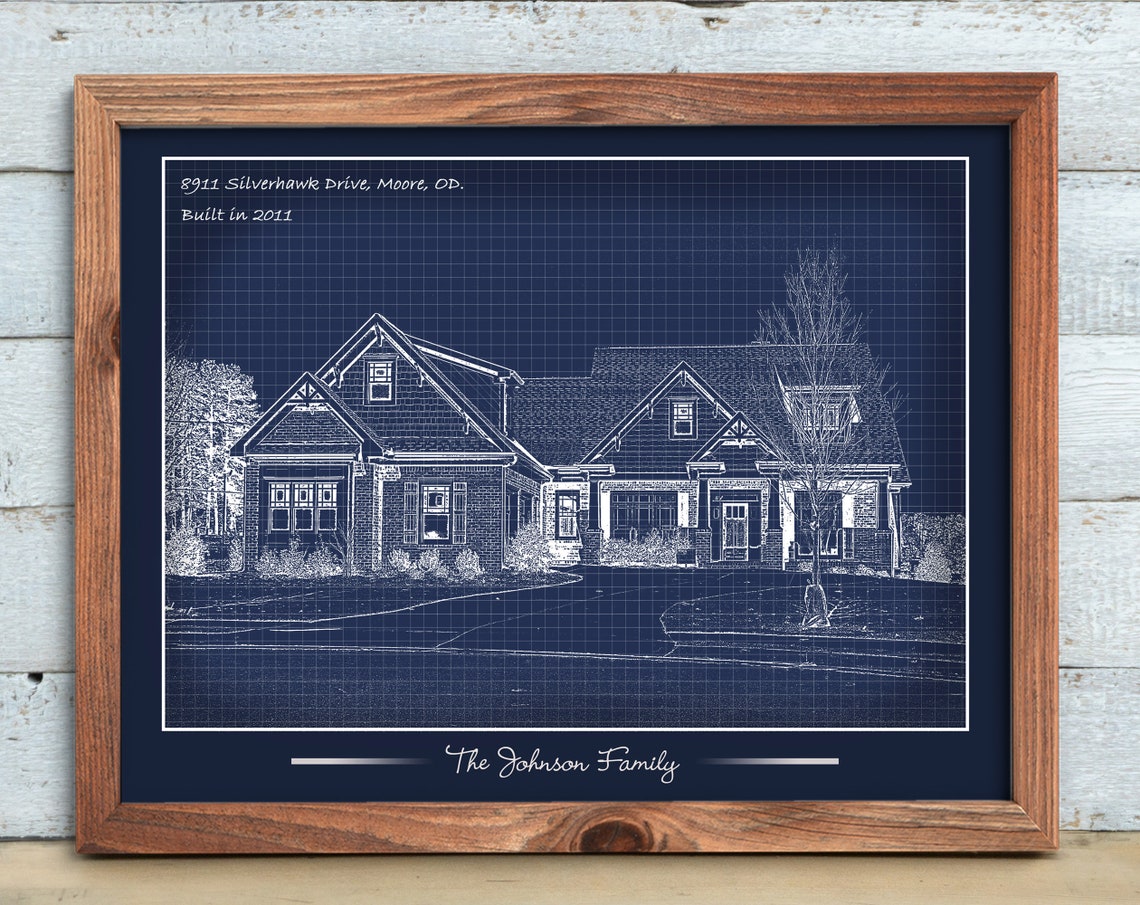 Custom Blueprint House Portrait, Digital House Drawing From Photos ...