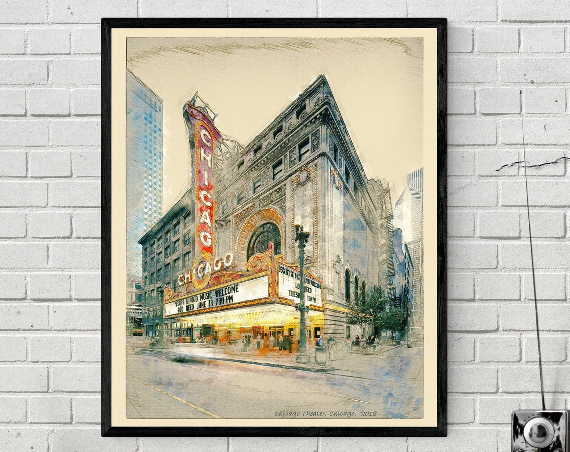 Architecture Wall Art: Chicago Theater Print / Architecture Drawing ...