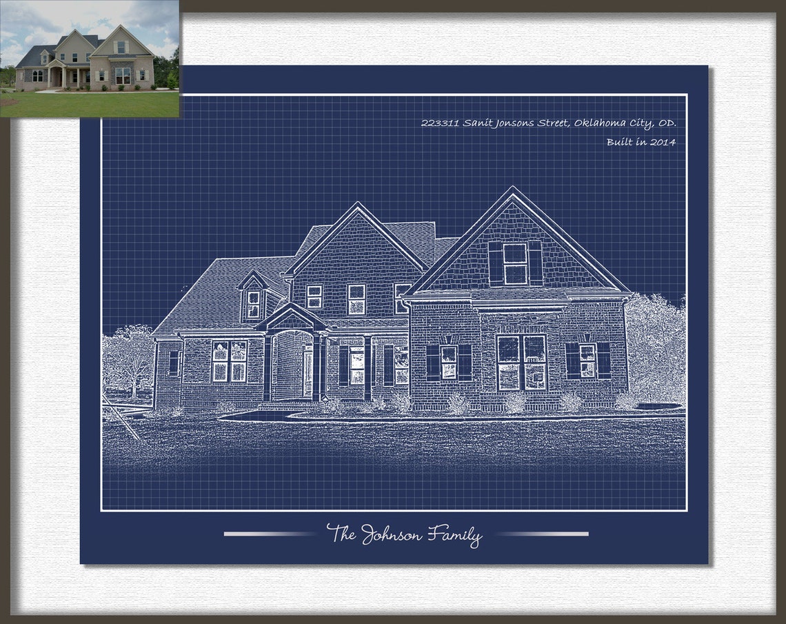 Custom Blueprint House Portrait, Digital House Drawing From Photos ...