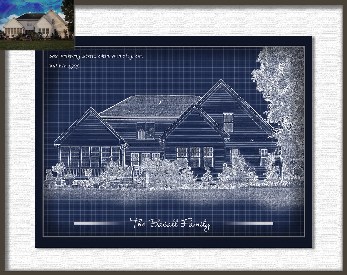 Custom Blueprint House Portrait, Digital House Drawing From Photos ...