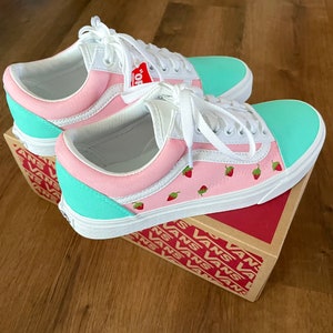Strawberry and Turquoise Old Skool Vans— Custom Vans— Strawberry ...