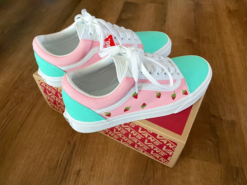 Strawberry and Turquoise Old Skool Vans— Custom Vans— Strawberry ...