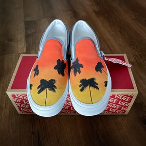 Sunset and Palm Tree Custom Vans— Slip-on Vans— Custom Off-the-wall ...