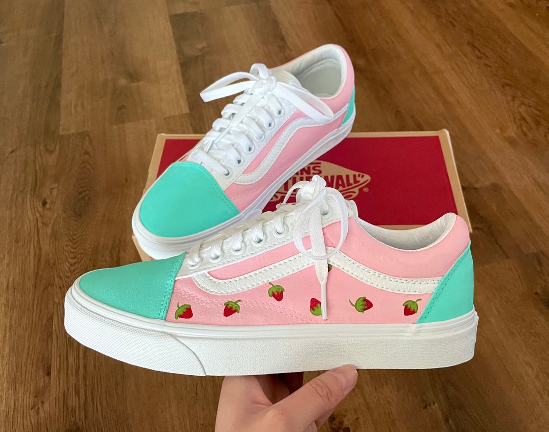 Strawberry and Turquoise Old Skool Vans— Custom Vans— Strawberry ...