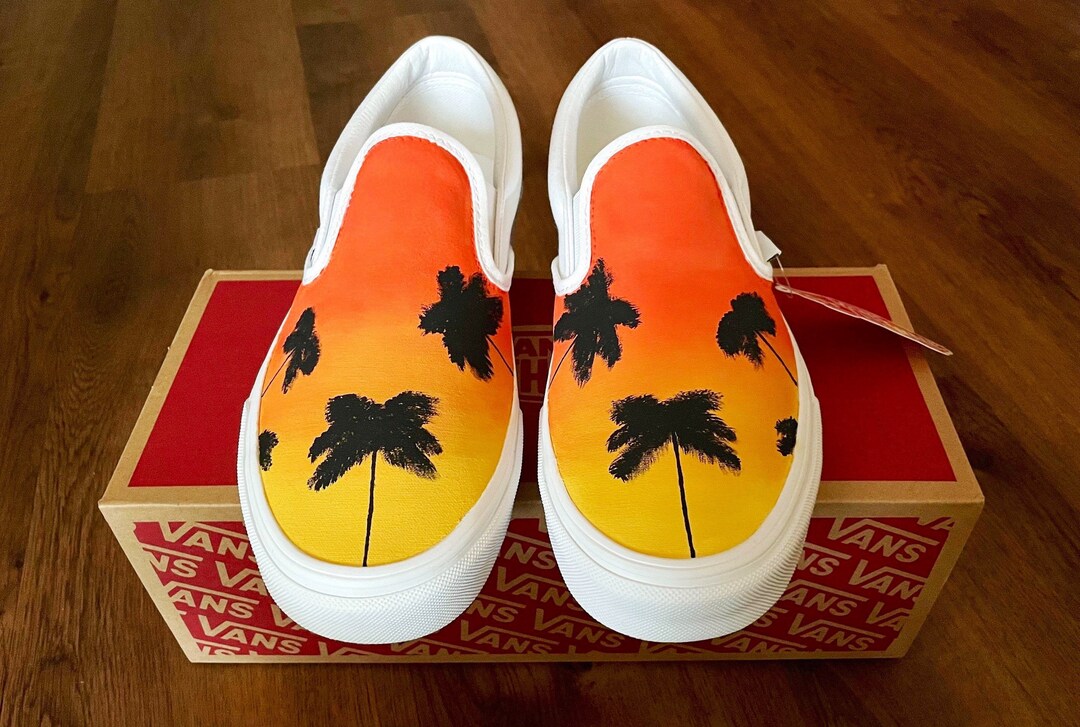 Sunset and Palm Tree Custom Vans— Slip-on Vans— Custom Off-the-wall ...