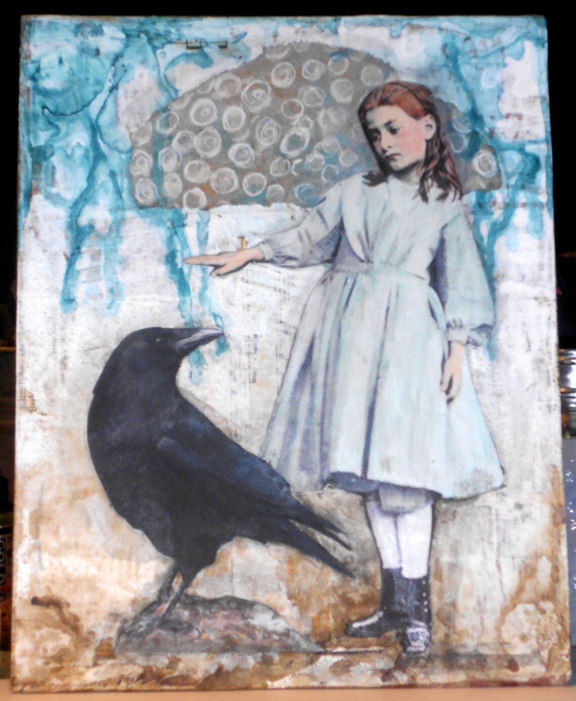 Mixed Media Collage 'alice With Crow 1 Blue' Fantasy Girl Crow Bird ...