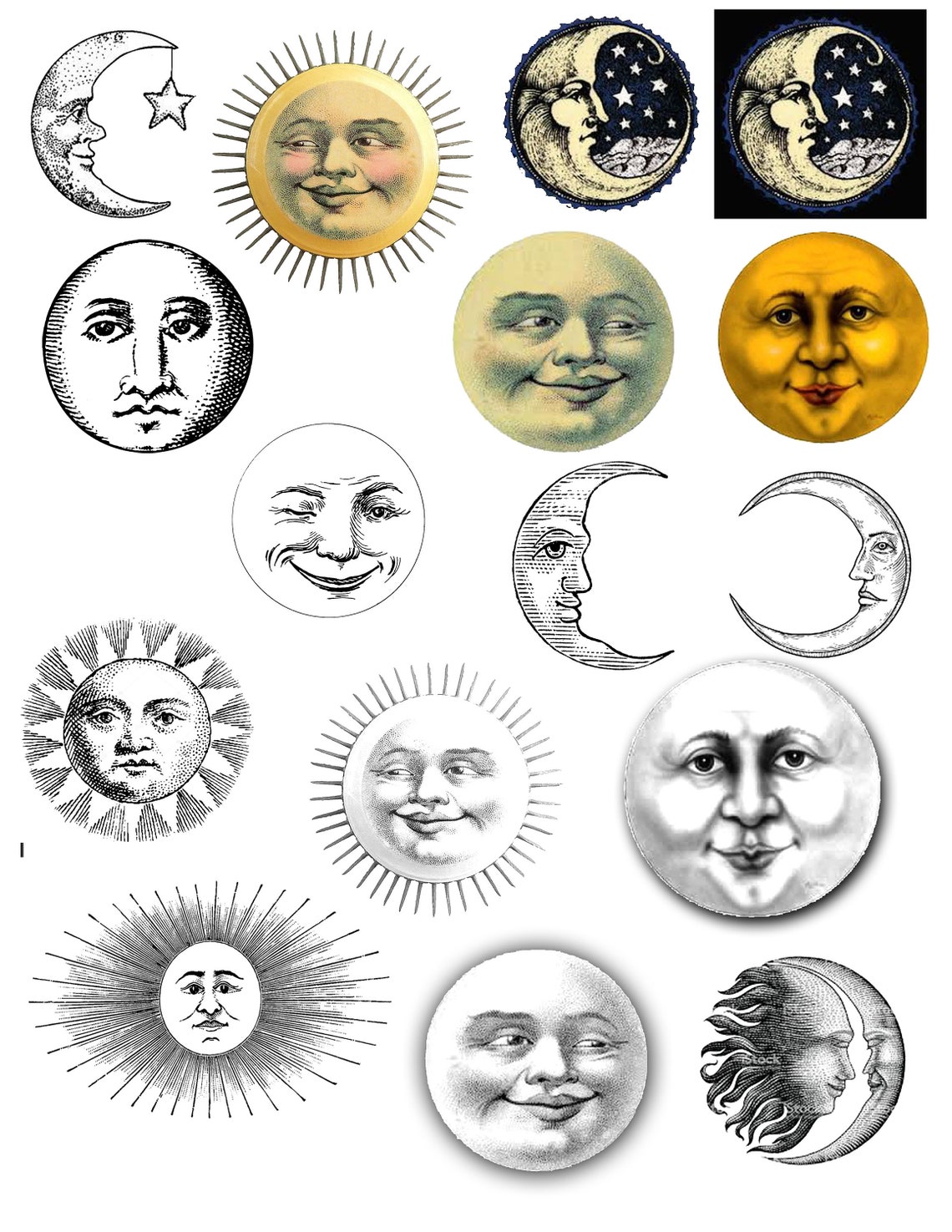 Sun and Moon Digital Download Elements for Collage, Mixed Media Art ...